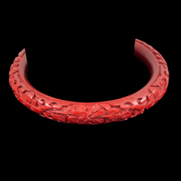 Carved Chinese Cinnabar Bangle Bracelet Vintage - Estate Beads & Jewelry