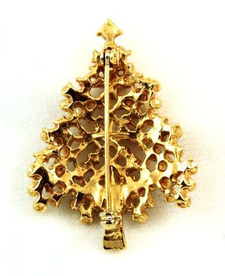 Gold Plated Rhinestone Christmas Tree Pin Vintage - Estate Beads & Jewelry
