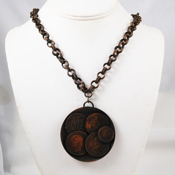 Copper Coin Pendant Necklace & Bracelet Germany - Estate Beads & Jewelry