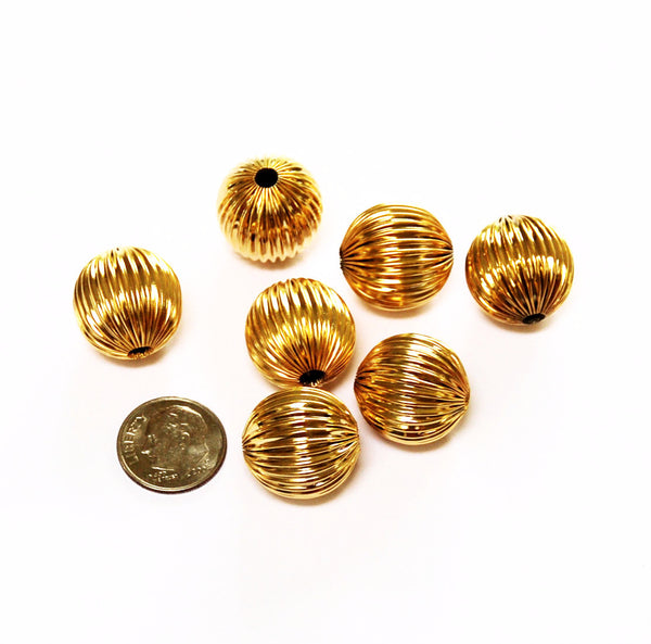 Large Gold Plated Fluted Round Beads 18mm (6) - Estate Beads & Jewelry