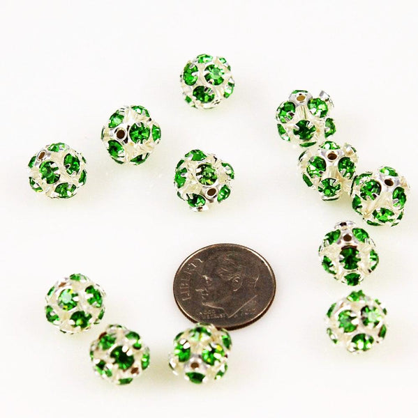 Swarovski 10mm Peridot Rhinestone Crystal Balls Silver Plated- 6 beads ...