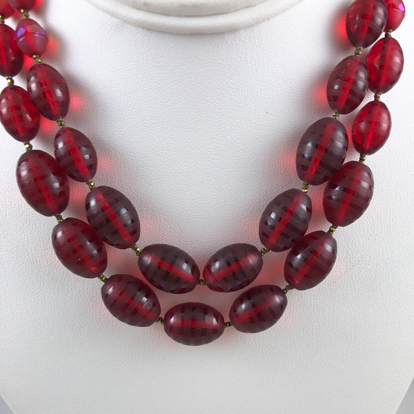 Vintage Red Glass Double Strand Bead Necklace - Estate Beads & Jewelry