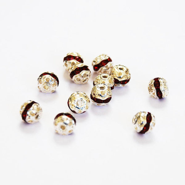Silver & Siam Red Rhinestone 8mm Beads (6) - Estate Beads & Jewelry
